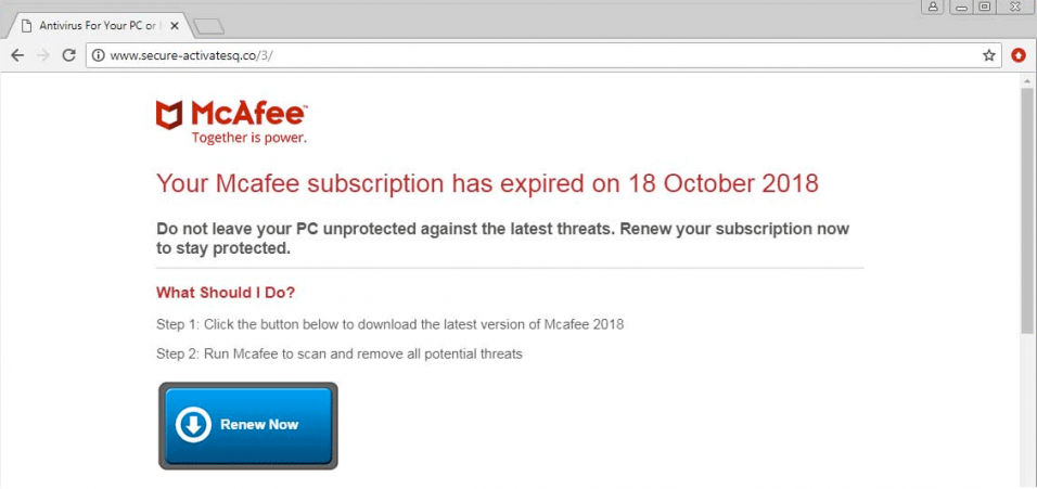 McAfee Virus Redirects Removal Guide [McAfee Expired Scam]