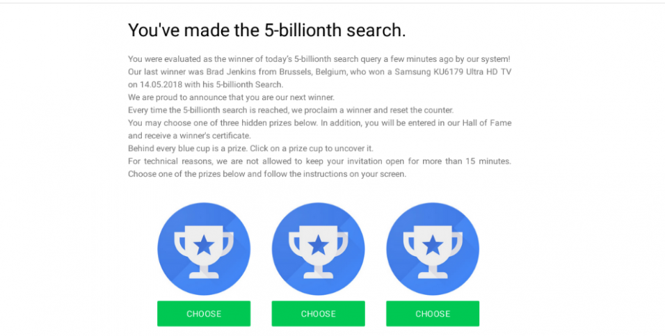 Remove "You've Made The 5-billionth Search" Browser Scam
